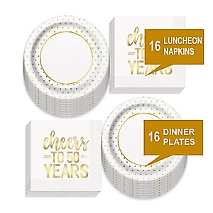 Cheers to 50 Years Birthdays and Anniversary Party Plates and Napkins - Fancy Gold Metallic Dots Paper Dinner Plates and Luncheon Napkins, (Serves 16)