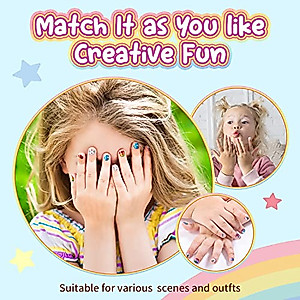 Modelones 144Pcs 6 Pack Press on Nails for Kids Children Acrylic Fake Nails Pre-glue Full Cover Glitter Gradient Color Rainbow Candy Short False Nail Art Kits Sets Gifts for Kids Girls