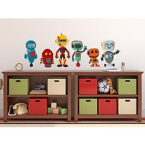 Robot Fabric Wall Decals, Set of 6 Cute Robots, 3 Different Sizes