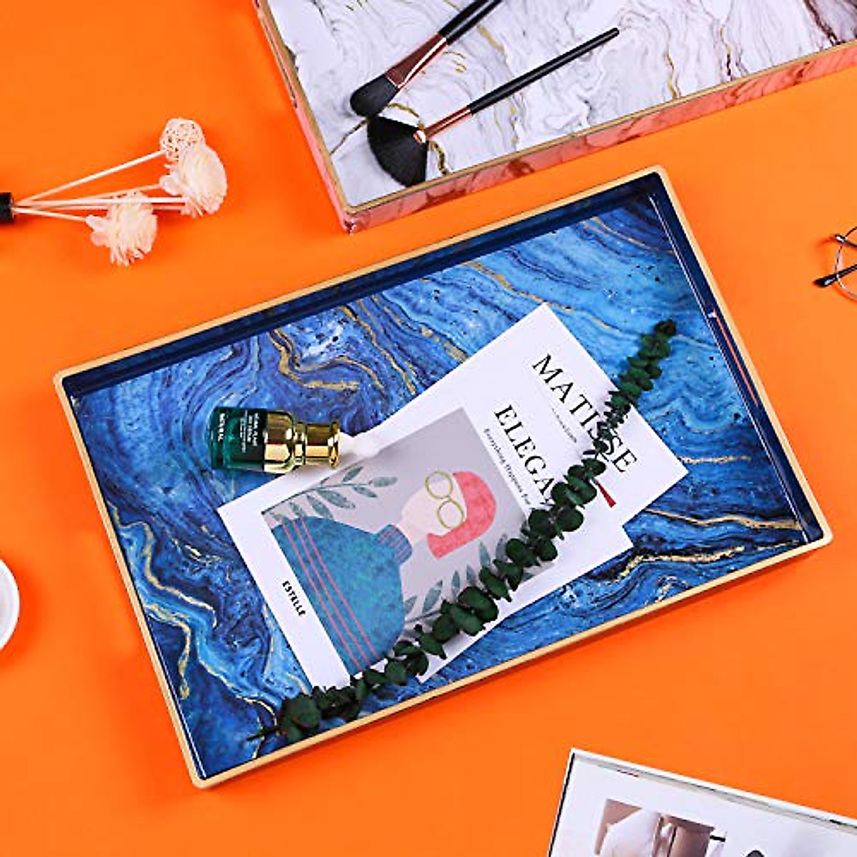 Zosenley Decorative Tray, Marbling Plastic Tray with Handles, Rectangular Vanity Tray and Serving Tray for Bathroom, Kitchen, Ottoman and Coffee Table, 15.6” x 10.2”, Blue