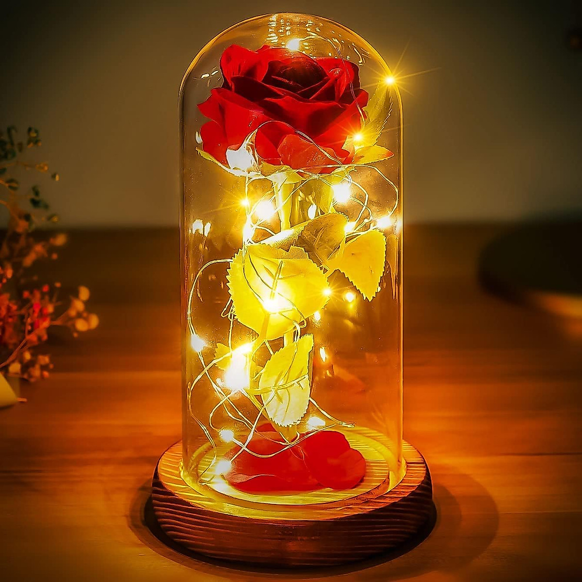 Norcalway Rose in Glass Dome with 6hr Timer - Beauty and The Beast Rose Decor in a Glass Dome for decorations-Premium Gift for anyone