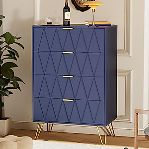 UEV Navy Blue 4 Drawer Dresser for Bedroom, Tall Bedroom Dresser with Large Drawer & Golden Handles, Wooden Modern Storage Cabinet Chest of Drawer for Bedroom,Closet,Hallway (Navy Blue)