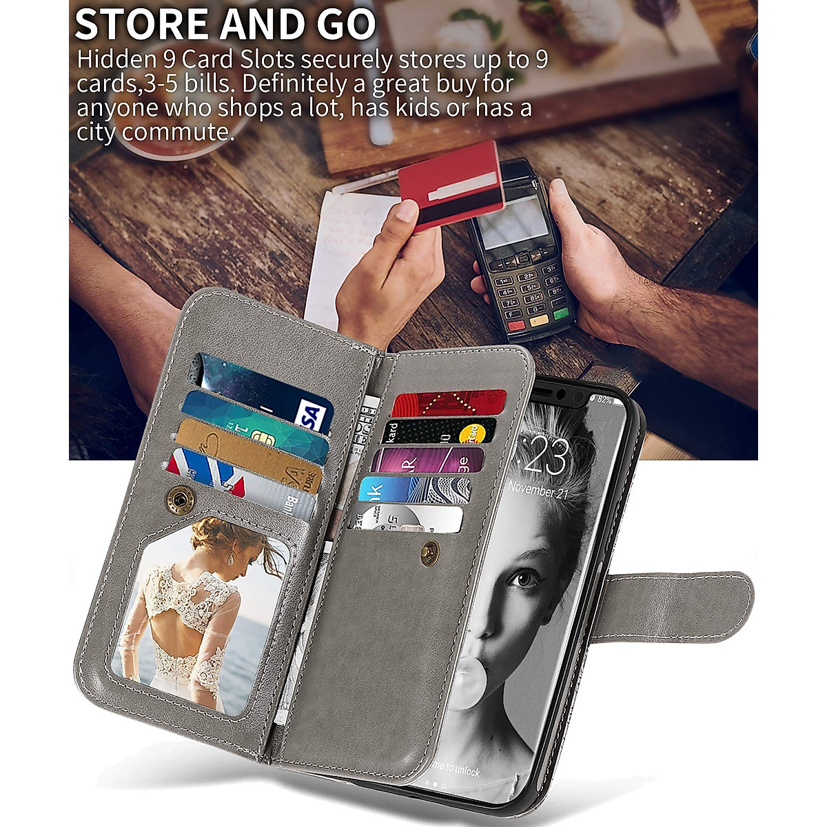 CASEOWL Compatible for iPhone 12 Pro Max Case Wallet Magnetic Detachable 2 in 1 Mandala Embossed Leather Flip Wallet Case with 9 Card Slots,Hand Strap for Women (Gray)