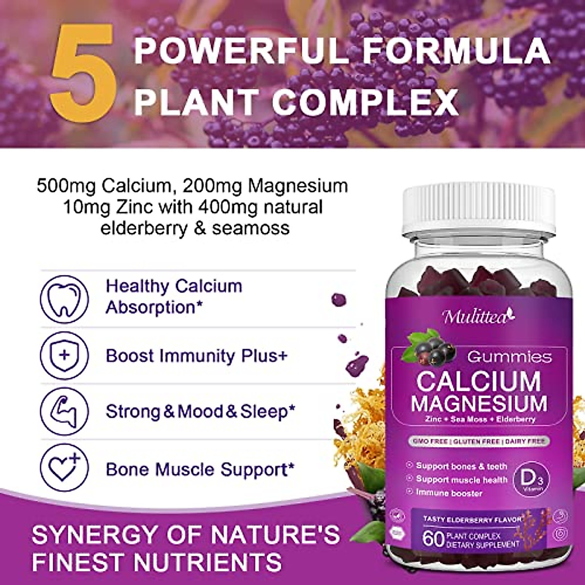 Calcium Magnesium Zinc Gummies with High Absorption Magnesium Glycinate 200mg Potassium -Plant Complex Calcium Supplement with D3 Sea Moss for Bone, Muscles, Calm Mood & Sleep Support - Vegan (2 Pack)