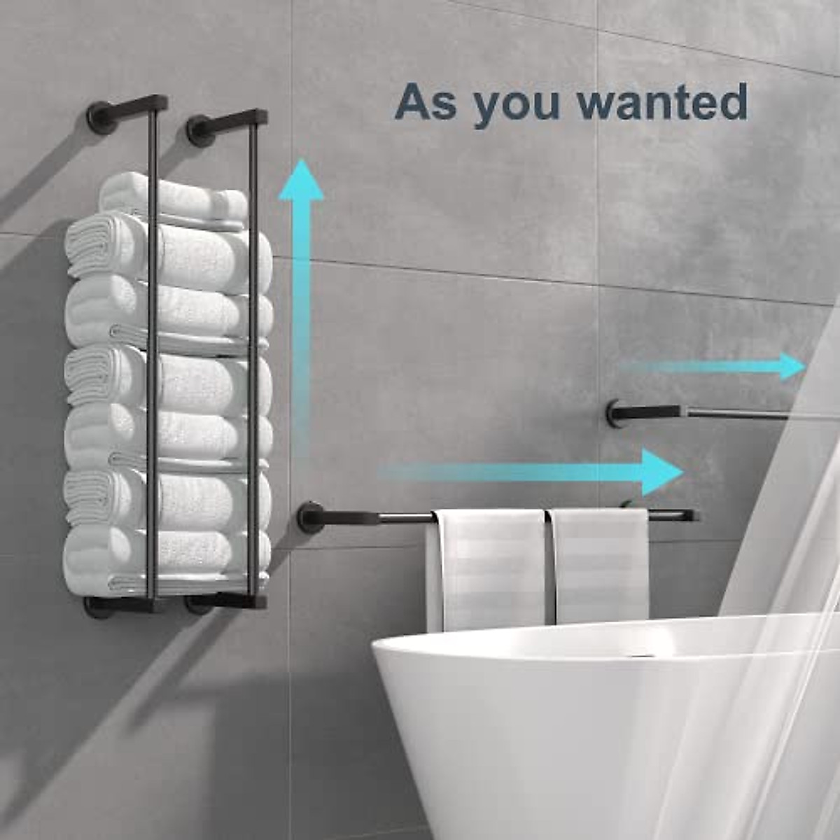 Retractable Towel Racks for Bathroom Wall Mounted, Bathroom Towel Storage, Hand Towel Holder for Bathroom Decor, Metal Bath Towel Holder Organizer, Shelves for Towels in Bathroom, Set of 2 (Black)