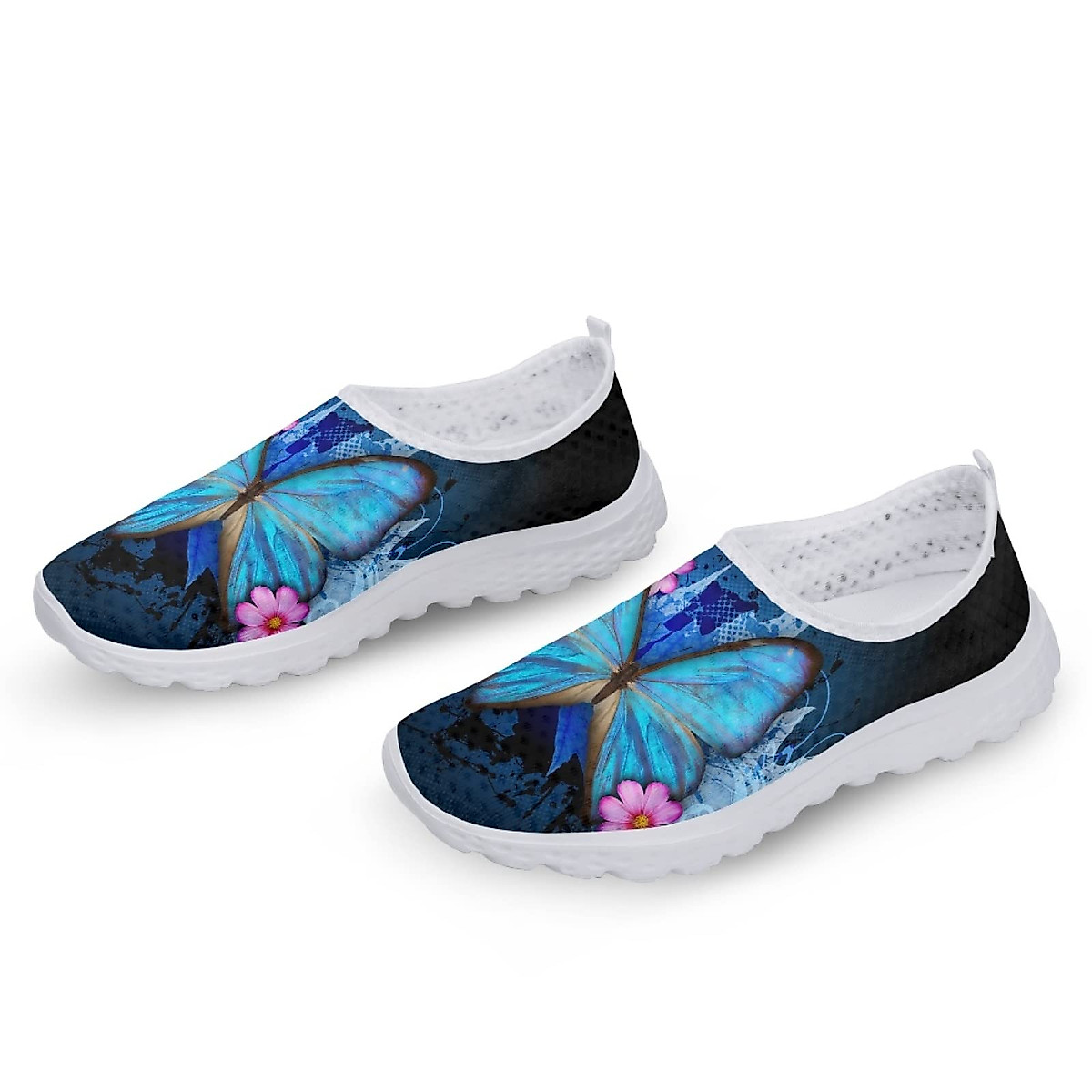 GOSTONG Blue Butterfly Print Womens Tennis Shoes Floral Trainers Summer Fashion Sneaker Comfortable Breathable Athletic Shoe Light Weight Memory Foam Mesh Shoes