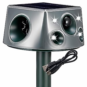 Fall 2024 Animal Repellent Outdoor with Automatic Frequencies, 2 Motion Detectors, 2 Alarms, 8 Stronger LED Lights and USB Cable - Solar Animal Repeller with Expanded Detection Range 360°