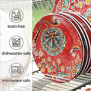 Sonemone Red Farmhouse Floral Dessert Plates, 6 Inch Appetizer Plates Set of 6, for Valentines Cake, Pie, Snacks, Ice cream, Side Dish, Sauces, Microwave & Dishwasher Safe
