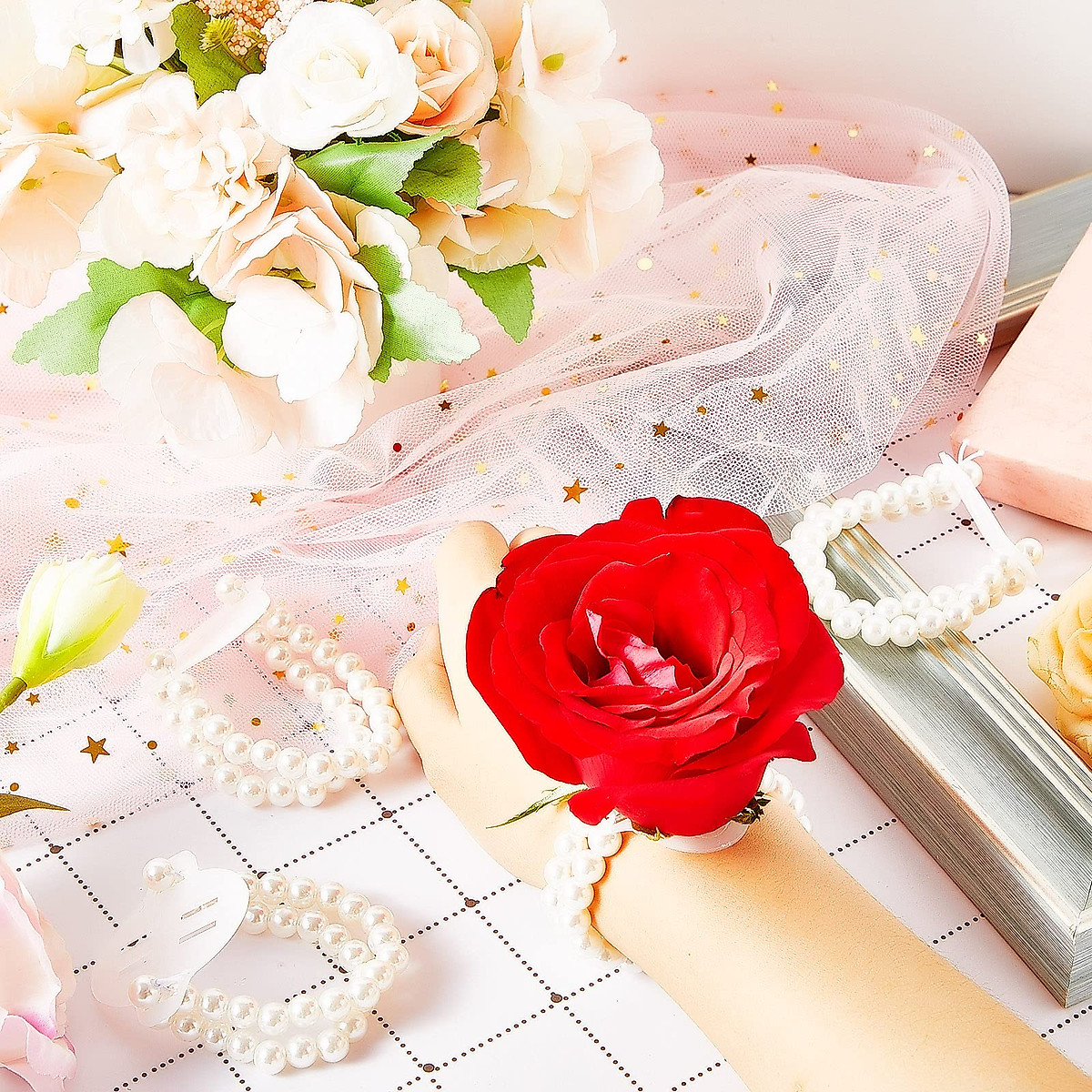 12 Pieces Elastic Pearl Wristband Corsage Wristlet Band Corsage Bracelet Pearl Wedding Wrist DIY Decor Corsage Pearl Bead Stretch Wristband Accessory for Wedding Bridesmaid Bride Prom Handmade