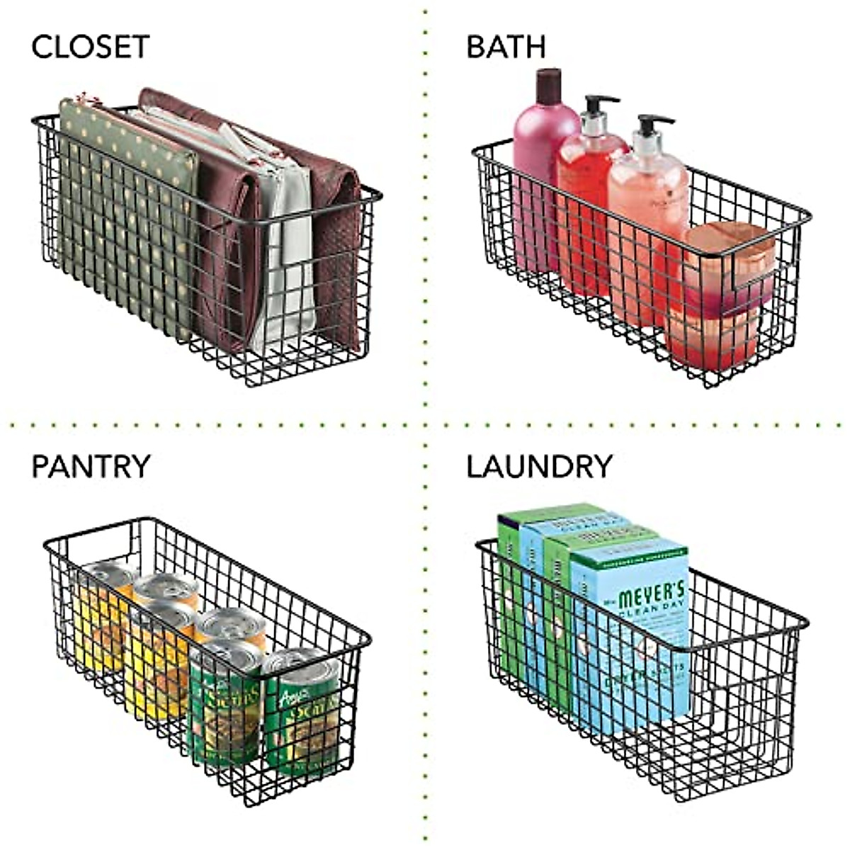 mDesign Slim Metal Wire Food Storage Organizer Basket with Handles for Organization in Kitchen Cabinets, Pantry Shelf, Bathroom, Laundry Room, Closets, Garage - Concerto Collection - Matte Black