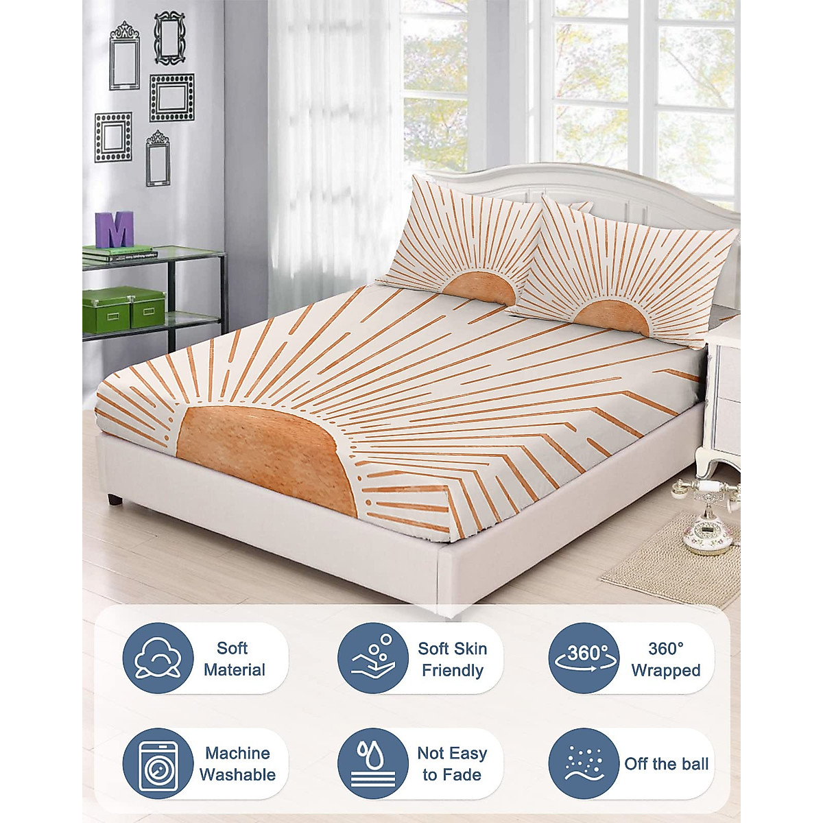 Fitted Sheet Set for Queen Size Bed Mid Century Boho Orange Sun Aesthetic Striped 3 Pieces Bedding Sheets-Deep Pocket Bedsheet Fits Mattress Upto 16",2 Pillow Cases Bedroom Decor Retro Beige