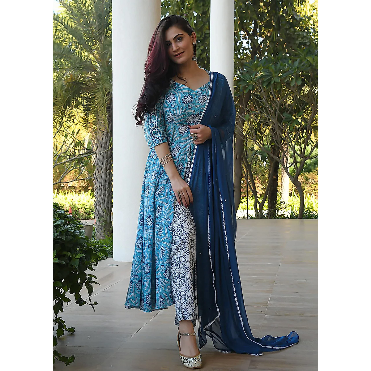 Elina fashion Indian Kurti for Womens With Pant & Dupatta | Rayon Printed Long Kurta Partywear Kurtis Tunic Tops Cyan