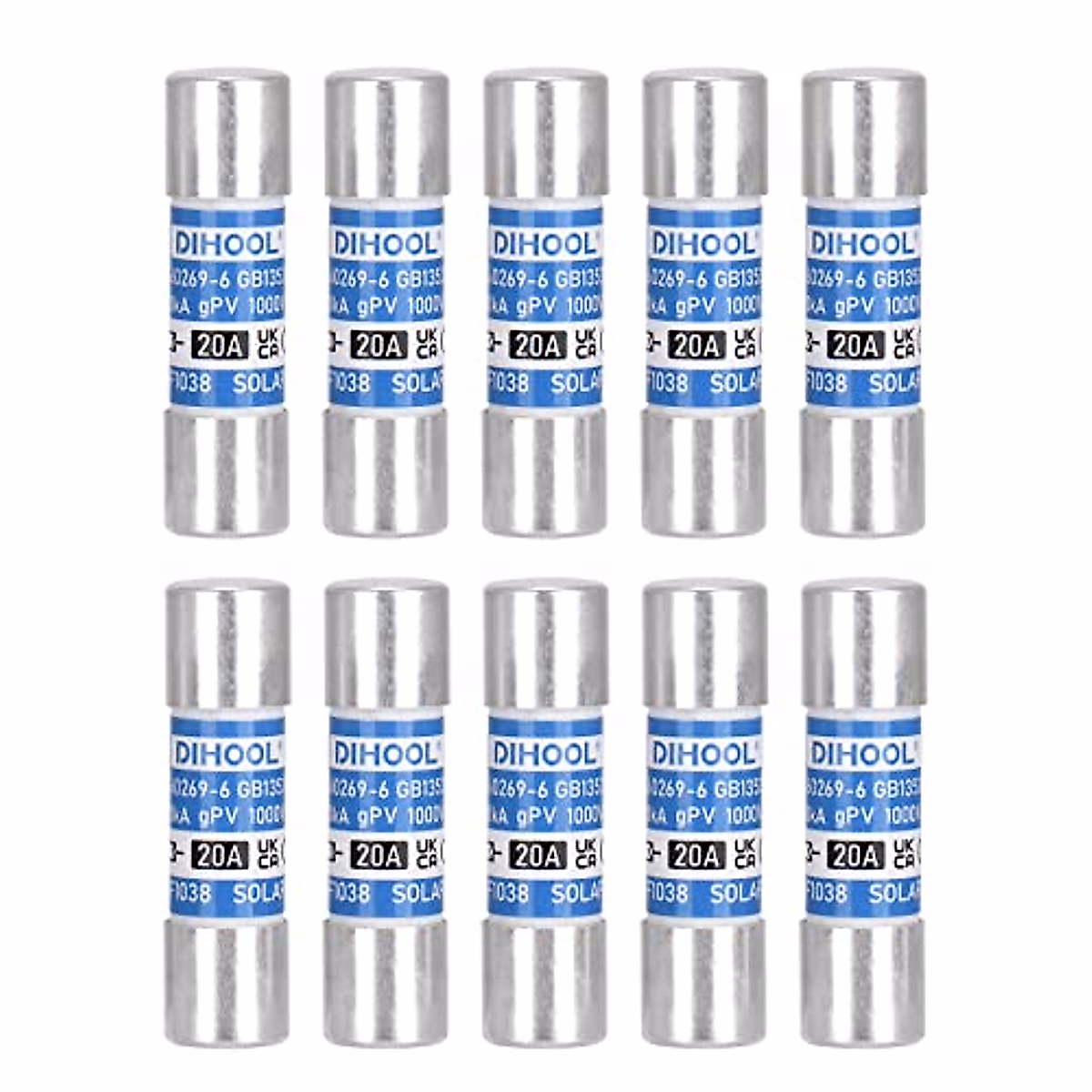 DIHOOL 20 Amp Solar Fuse Without in-Line Fuse Holder for Solar Connector, 10pcs 10x38mm