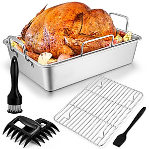 15.3’’ Roasting Pan with Racks, Joyfair 7 Pcs Stainless Steel Large Turkey Roaster Pan with Handle, Cooling Flat Rack/V-rack, Meat Tenderizer/Claws and Brush, Heavy Duty & Multi-Use, Dishwasher Safe