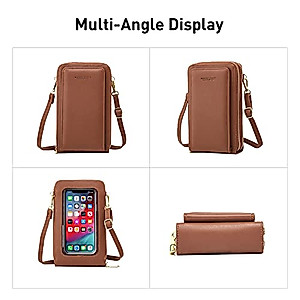 Cell Phone Crossbody Bag for Women Wallet Purse,PU Leather Touch Screen Mini Messenger Wallet with Credit Card Slots-Brown