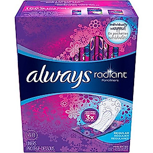 Always Radiant Pantyliners, Regular, Unscented, 48 Count, 2 Pack. (Includes 96 Pantiliners Total.)