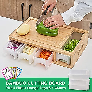 WORTHYEAH Smart Cutting Board - Bamboo Cutting Board with Containers, Wood Cutting Boards with 4 Trays/Storage with Lids & 4 Graters, Food Prep Deck Large Tank Chopping Cutting Boards for Kitchen