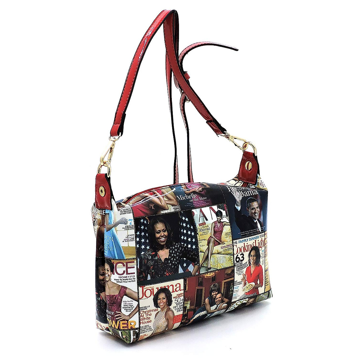 Glossy magazine cover collage crossbody bag purses Michelle Obama mini handbag 3pcs set (MULTI/RED)