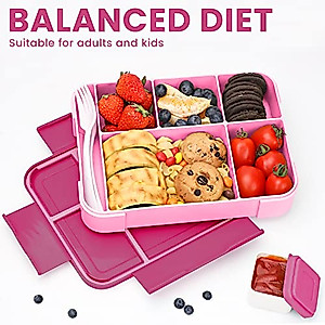 Bugucat Bento Box 45OZ, Leak-Proof Lunch Box with 6 Compartments Cutlery, Lunch Containers for Adult Food Storage Container with Leak-proof Silicone Ring Suitable for Microwave Dishwasher Pink