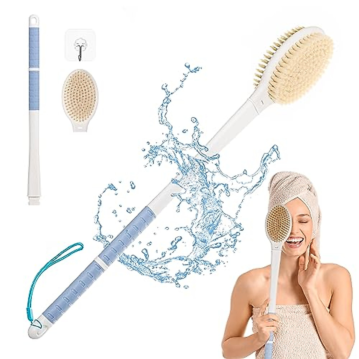 TYYIHUA 20.5" Back Bath Brush Long Handle for Shower for Elderly,Men and Women,Back Scrubbers for Use in Shower,Dual-Sided Exfoliating Dry Brush with Stiff and Soft Bristles,Shower Scrubber for Body