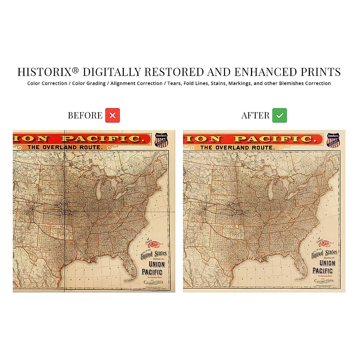 HISTORIX Vintage 1892 United States Map - 18x24 Inch Vintage Map of United States Wall Art - Old Wall Map of The United States of America Showing Union Pacific Overland Route and Connections