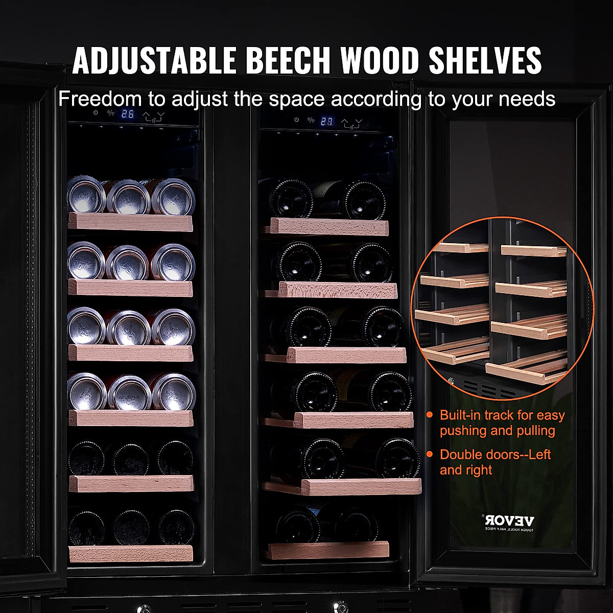 VEVOR 24" Cooler for Wines & Drinks, Holds 78 Cans & 20 Bottles, Dual Zone, Tempered Glass, Digital Temperature Settings, Blue Lighting, Safety Lock, Install Anywhere, ETL Certified