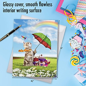 NobleWorks - 1 Large Birthday Greeting Card (8.5 x 11 Inch) - Fun Animal Bday Celebration, Stationery Notecard - Fruit Cat J6323ABDG