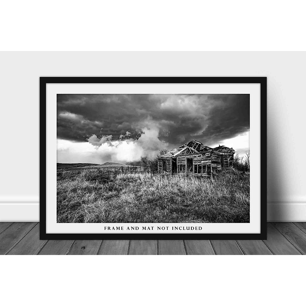 Country Photography Print (Not Framed) Black and White Picture of Storm Passing Behind Abandoned House on Spring Day in Kansas Rustic Wall Art Farmhouse Decor (11" x 14")