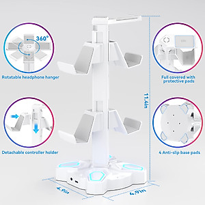 KDD Gaming RGB Headphones Stand, Rotatable Headset Stand with 9 Light Modes - Controller Holder with 2 USB Charging Ports and 3.5mm - Earphone Hanger Accessories for Desktop Gamer(White)