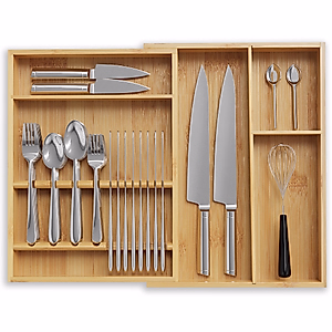 ULG Expandable Bamboo Kitchen Drawer Organizer, Adjustable Cutlery Tray Silverware Organizer with Removable Drawer Dividers, Drawer Dividers Organizer for Silverware, Kitchen Utensils, Office Storage