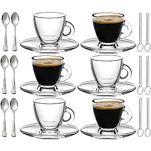 BOHEM'S Espresso Cups, 3.2 oz Small Demitasse Clear Glass Espresso Drinkware, Set Of Cups, Saucers and Stainless Steel mini Spoons + Free Glass Spoons (Set of 6)