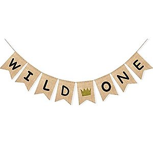 Uniwish Wild One Banner Boy Girl 1st Birthday Party Decorations, Vintage Rustic Burlap Bunting for Baby First Birthday Sign with Glitter Crown