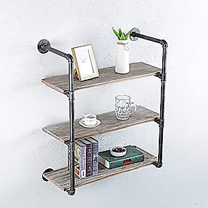 OLDRAINBOW Industrial Pipe Shelving Wall Mounted,Rustic Metal Floating Shelves,Real Wood Book Shelves,Wall Shelf Bookshelf Hanging Wall Shelves Bar Shelving (3-Layer, 30in)