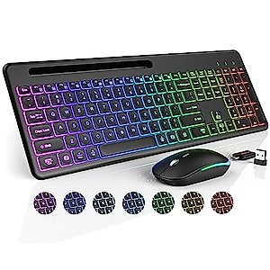 Wireless Keyboard and Mouse with 15 Backlit Effects, Rechargeable Keyboard Mouse Combo with Phone Holder, 2.4G Lag-Free, Silent Light Up Keyboard & Mouse Set for Windows, Mac, PC, Laptop -by SABLUTE