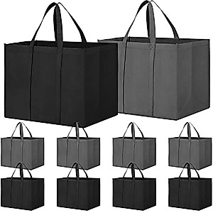 WISELIFE Reusable Grocery Shopping Bags 10 Pack Large Foldable Tote Bags Bulk, Eco Produce Bags with Long Handle for Shopping Groceries Clothes (Dark Grey & Black)