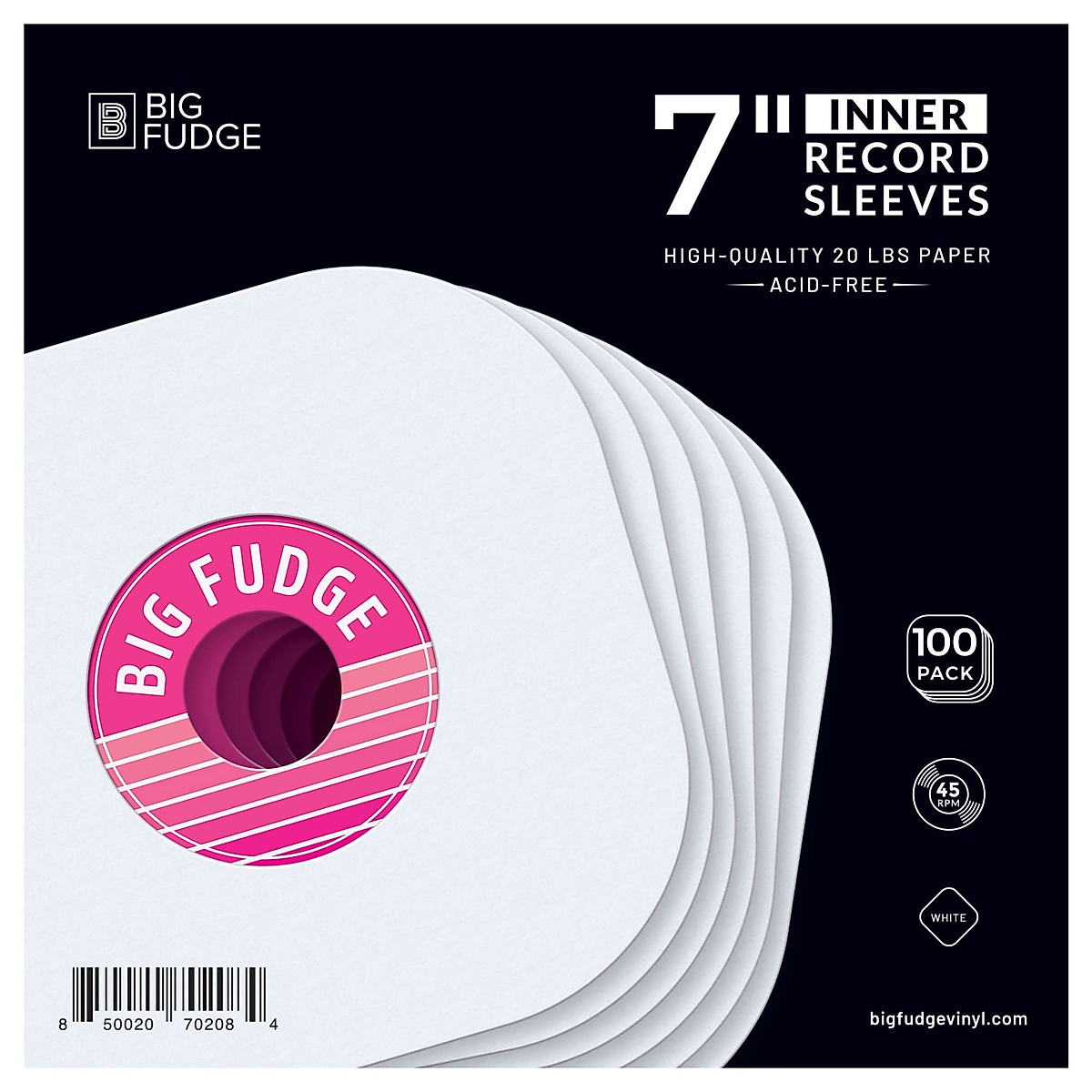 Big Fudge Vinyl Record Inner Sleeves 100x | Made from Heavyweight & Acid Free Paper | Album Covers with Round Corners for Easy Insert | Slim Record Jackets to Protect Your LPs & Singles | 7"