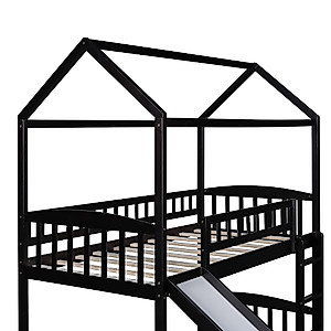 Harper & Bright Designs Twin Loft Bed with Slide and Ladder, House Loft Beds with Roof and Guardrail for Kids, Toddlers, Teens (Twin Size, Espresso)