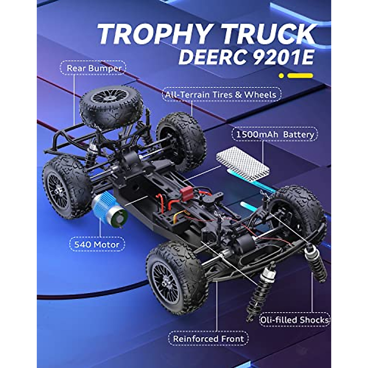 DEERC 9201E 1:10 Large Remote Control Truck with Lights, Fast Short Course RC Car, 48 km/h 4x4 Off-Road Hobby Grade Toy Monster Crawler Electric Vehicle with 2 Rechargeable Batteries for Adult Kid Boy