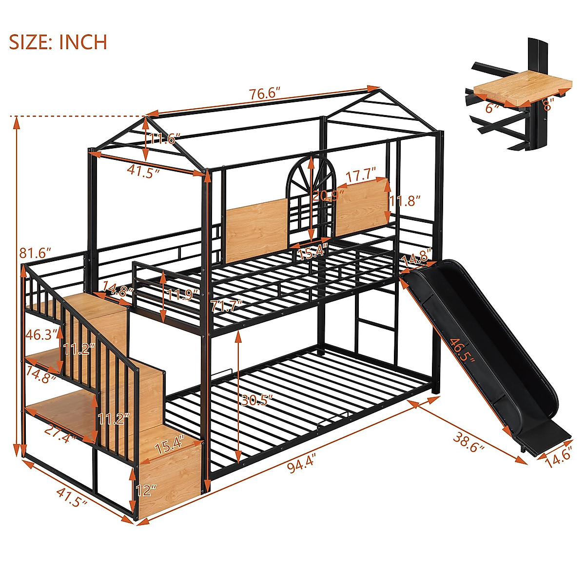 KIVENJAJA House Bunk Bed Twin Over Twin, Metal Bunkbeds Frame with Slide, Stairs and Guardrails for Kids Teens Girls Boys Toddlers, No Box Spring Needed, Black