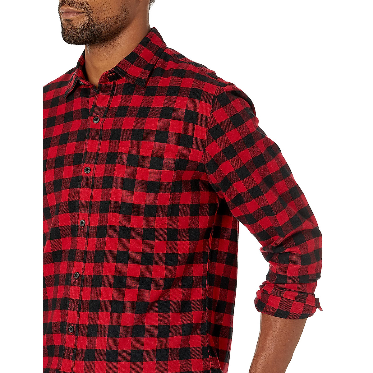 Amazon Essentials Men's Flannel Shirts Long Sleeve, Slim-Fit Button Down Plaid, Black Red Buffalo Plaid, Large