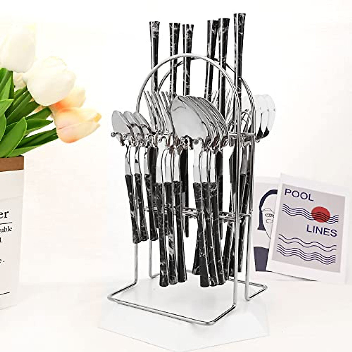 Snplowum 24-Piece Hanging Silverware Set With A Cutlery Rack, Mirror Stainless Steel Flatware With Imitation Marble Wooden Handle Service For 6, Black Silver