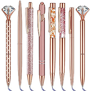 Fainne 8 Pcs Blue Ink Rose Gold Ballpoint Pen Set Bling Liquid Sand Glitter Pen Metal Ballpoint Pens Crystal Diamond Pen Girly Ball Point Pen Gifts for Wedding Office Rose Gold Desk Supplies