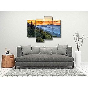 Great Smoky Mountains National Park Scenic Sunrise Landscape at Oconaluftee Canvas Wall Art Hanging Paintings Modern Artwork Abstract Picture Prints Home Decoration Gift Unique Designed Framed 4 panel