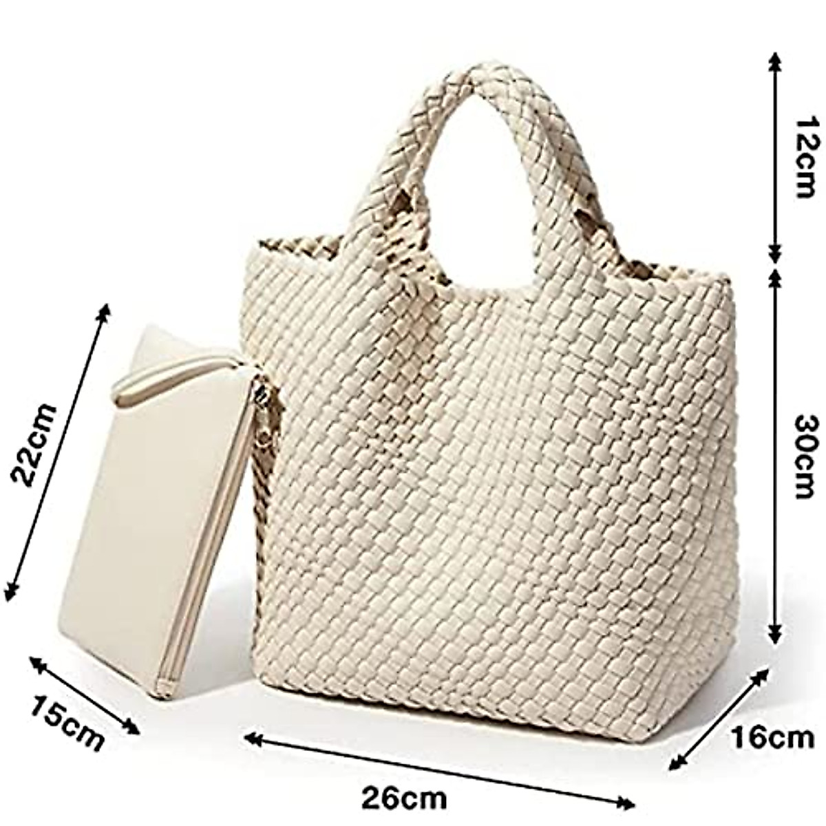 HDHTB Woven Tote Bag, Women Macaron Soft Leather Weave Handbag Purse Wrist Bag Large Capacity Work Shopping Travel Daily (Beige)