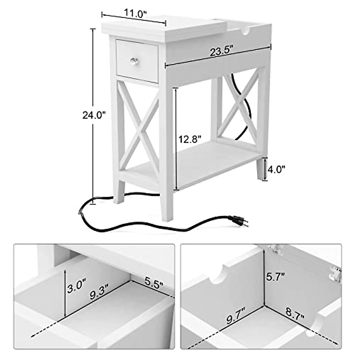 ChooChoo End Table with Flip Top and Charging Station, Narrow Side Table with Storage Cabinet and USB, Skinny Sofa Table with Power Outlet for Living Room Bedroom, White