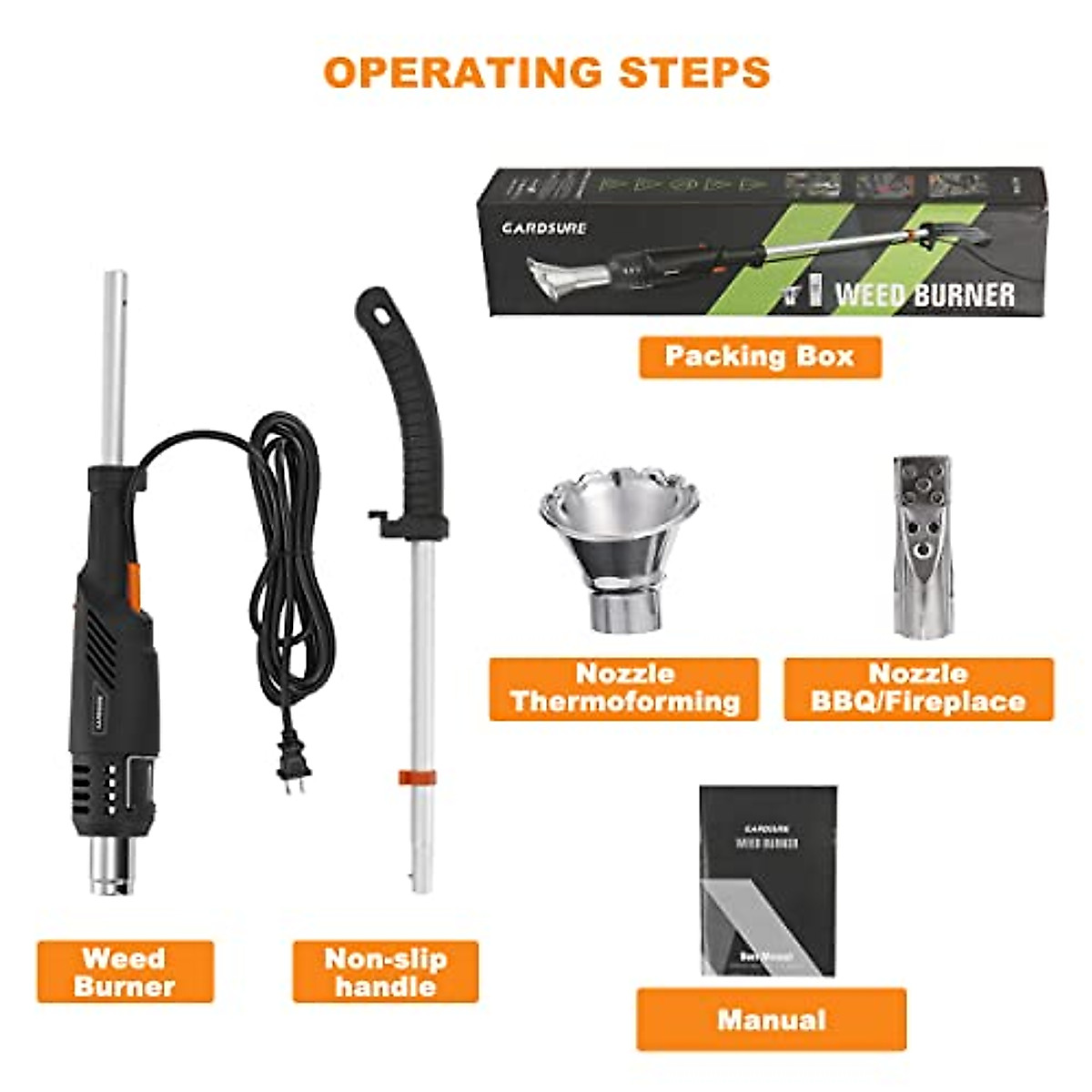 GARDSURE Weed Burner, Powerful 1800W Electric Weed Burner with 700°C Temperature, 2 Nozzles and 3M Cable - Efficient and Environmentally Friendly Solution for Weed Removal, BBQ and More