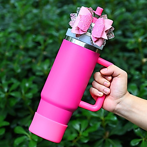 Bow Straw Topper, Stanley Cup Decor Accessories,Straw Cover Cap For 9-10 mm,Silicone Boot Compatible With Stanley Cup 30 40 Oz, Girls Christmas Gifts, DIY Gifts idea Decor(Glitter Passion Pink)