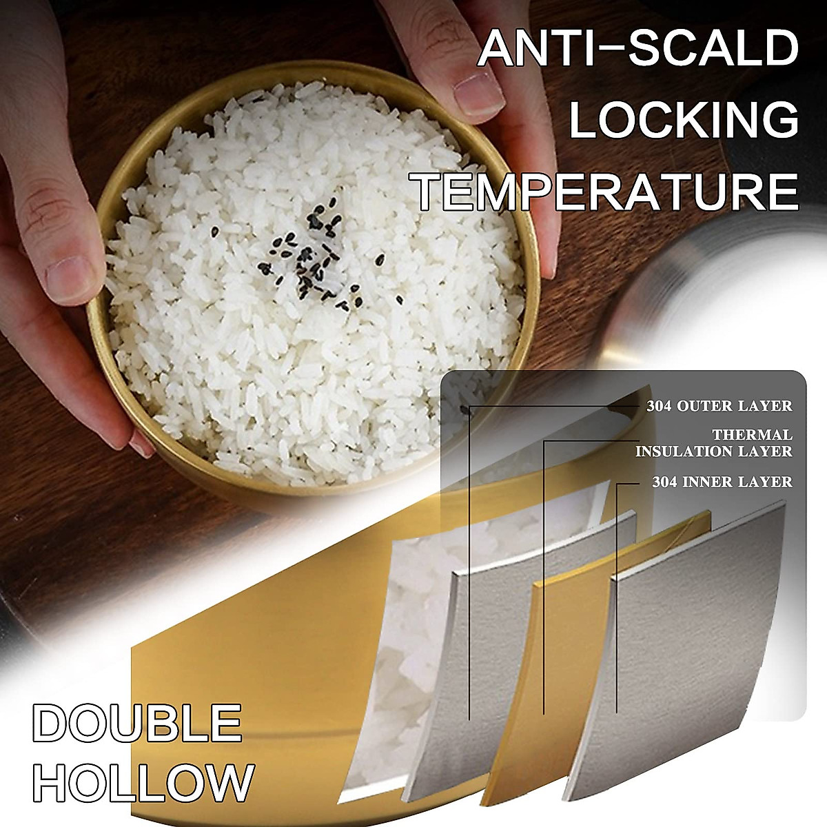 8 Pcs Stainless Steel Dinnerware Sets, Gold Dish Set, 6.6‘’Thickened Dinner Plates, 16.9 OZ Soup Bowls, 3.5 OZ Sauce Dish & Metal Cups, Stackable Dishware for Kitchen BBQ Party Picnic