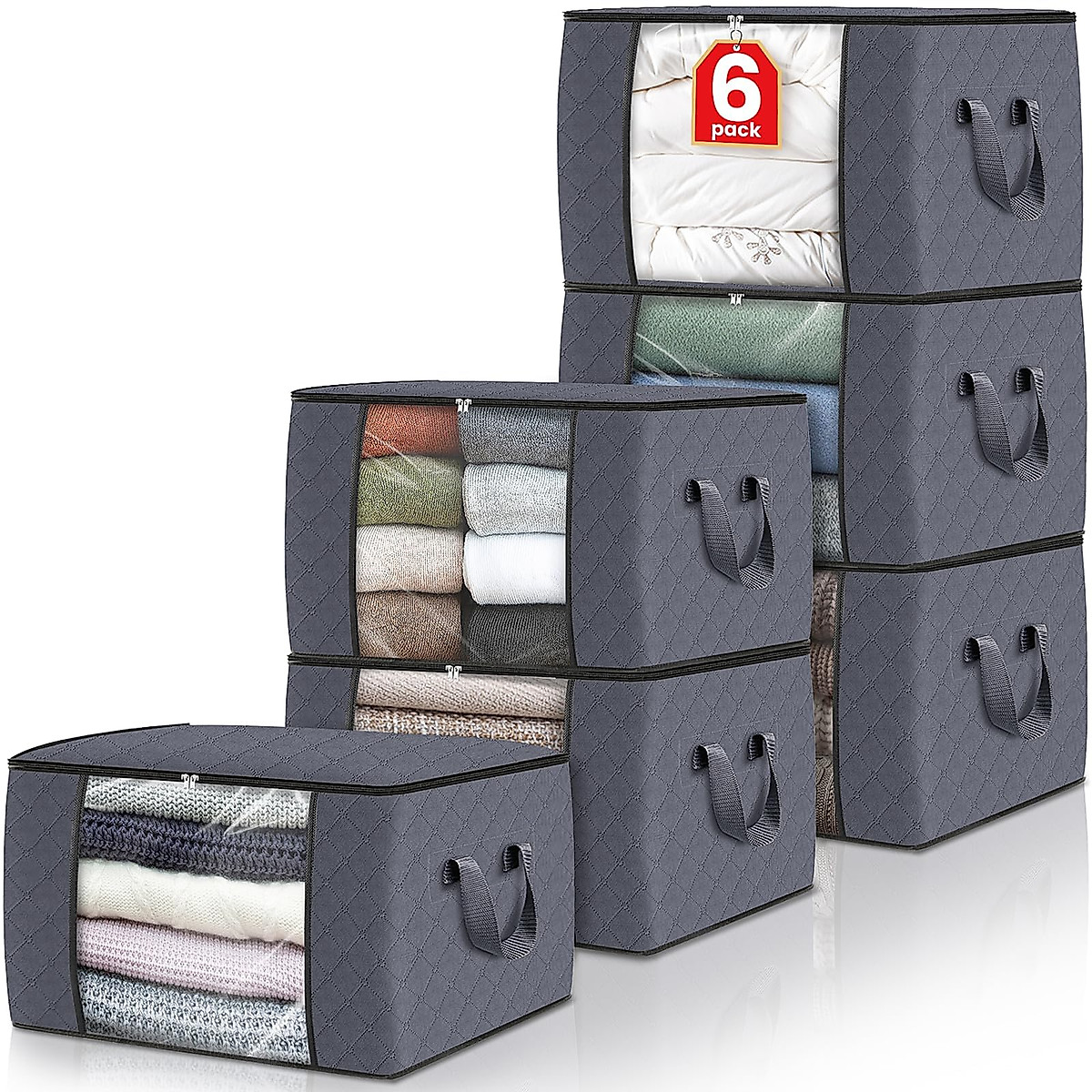 Fab totes 6 Pack Clothes Storage, Foldable Blanket Storage Bags, Storage Containers for Organizing Bedroom, Closet, Clothing, Comforter, Organization and Storage with Lids and Handle, Grey