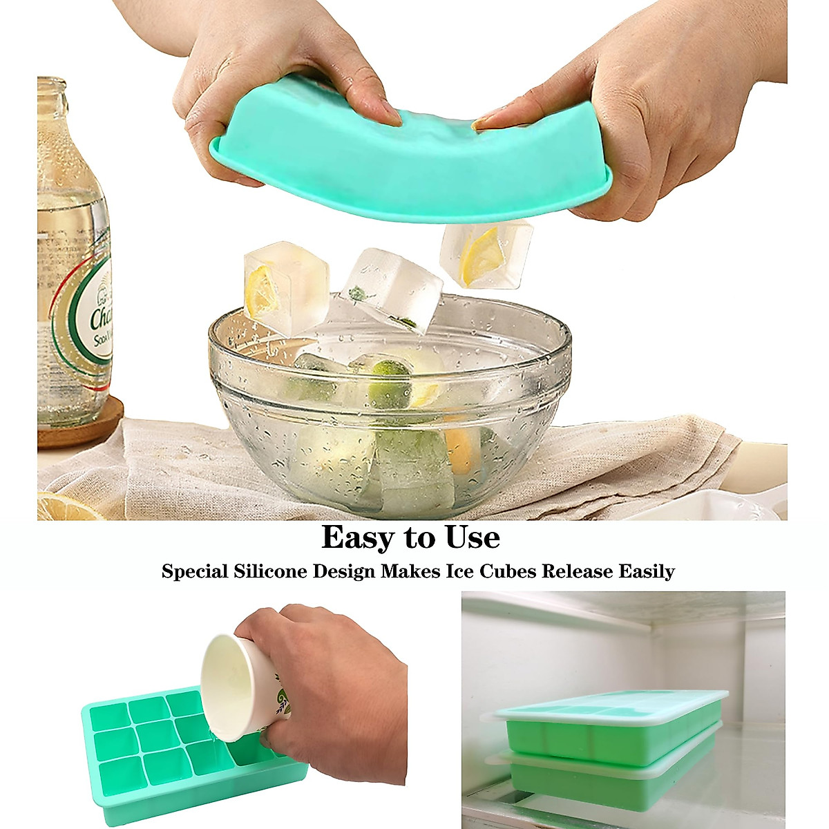 2 Pack Silicone Ice Cube Trays, Easy Release Flexible-15 Cubes Ice Cube Molds,Silicone Ice Cube Molds with Removable Lids for Cocktail, Whiskey, Baby Food, Chocolate-Reusable (Mint Green)